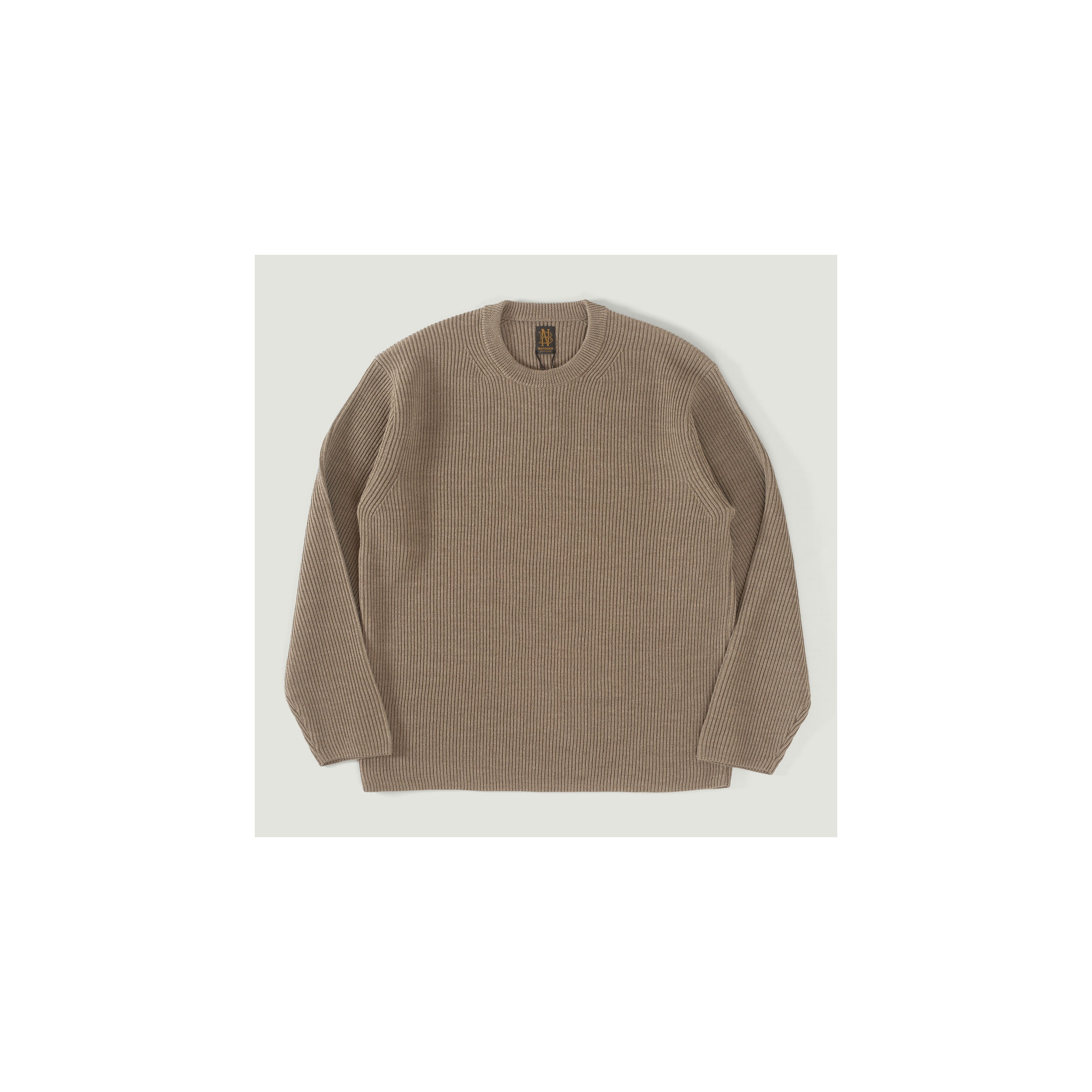 BATONER / Solid Wool Rib Crew Neck Melange Brown